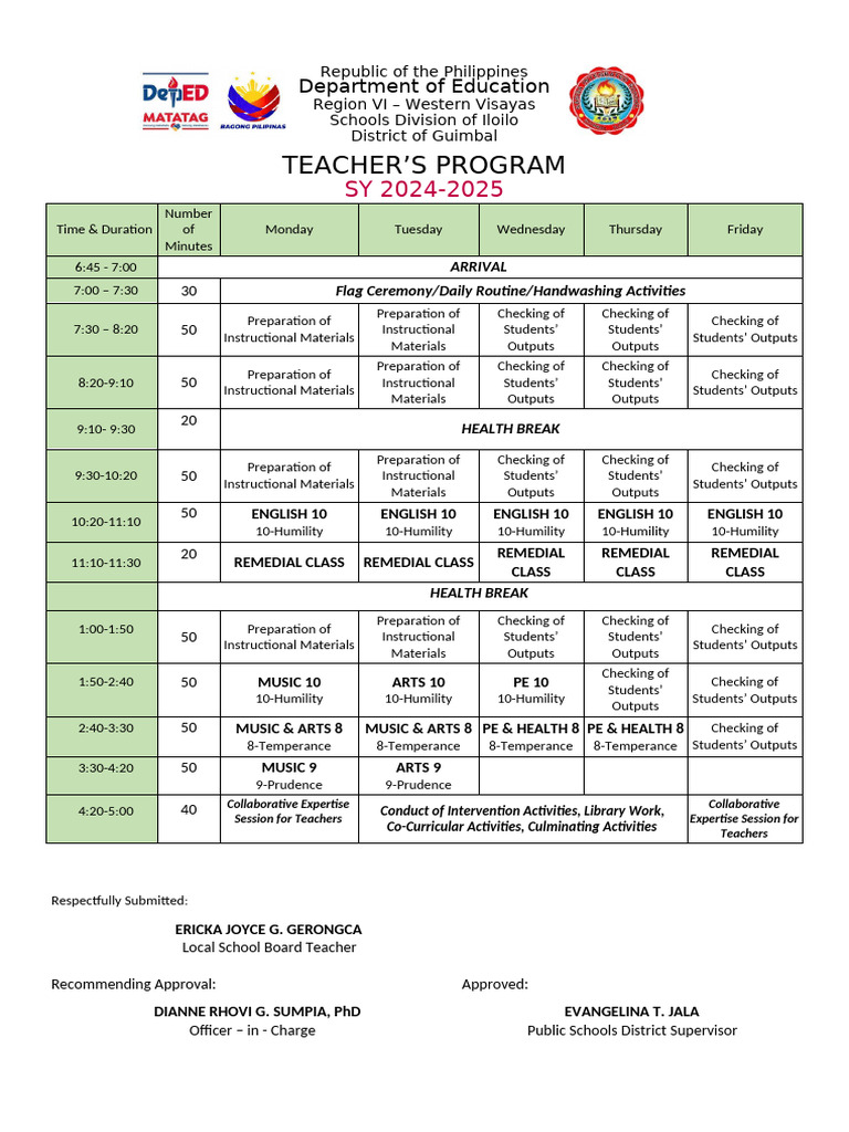 Teacher's PROGRAM Grade 10 '24-'25 | PDF