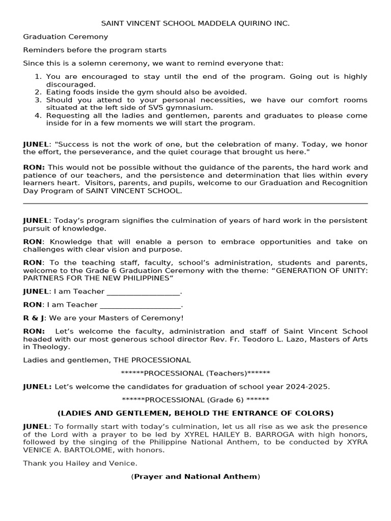 Grade 6 Graduation and Recognition Script-FINAL FINAL NA To | PDF