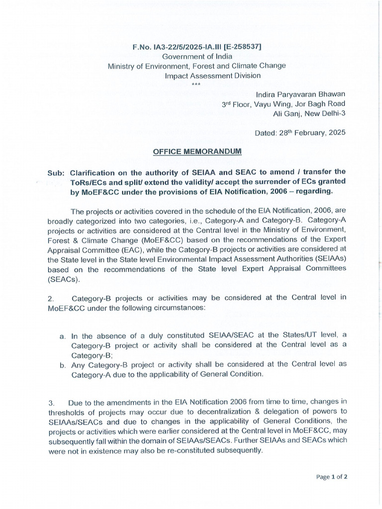 Calrification On The Authority of SEIAA and SEAC. | PDF