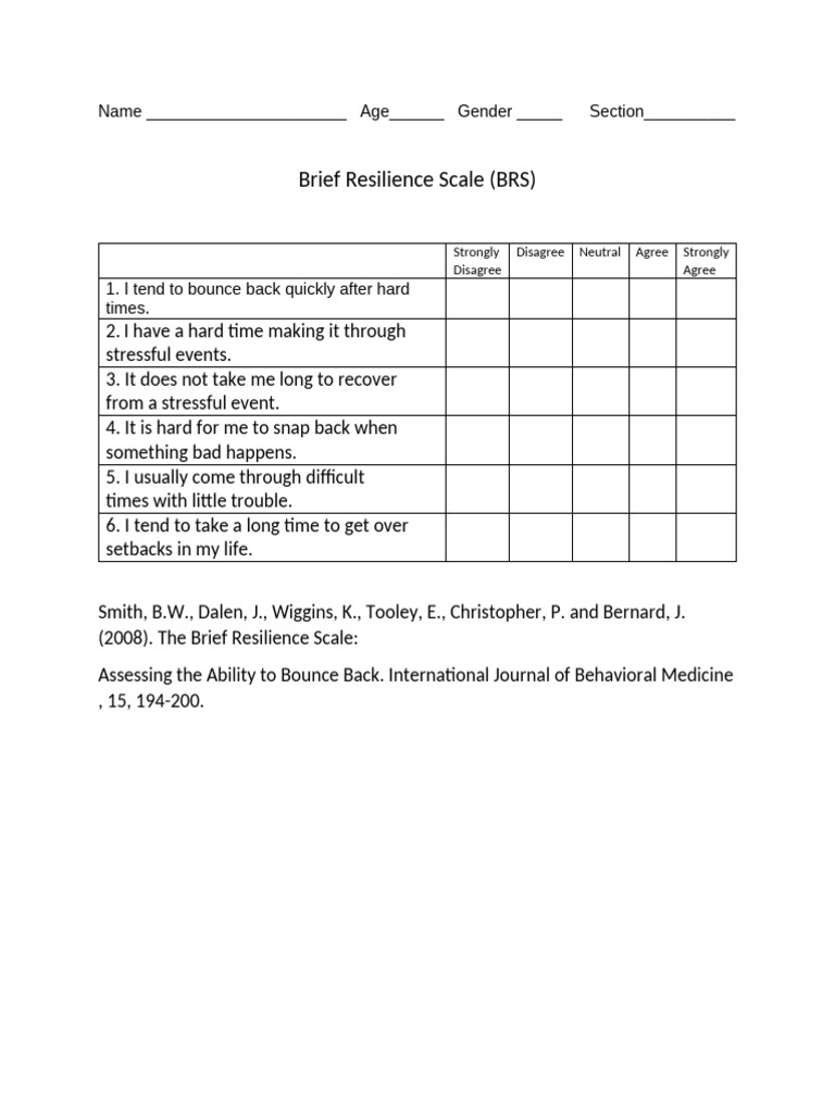 Brief Resilience Scale Questionnaire | PDF