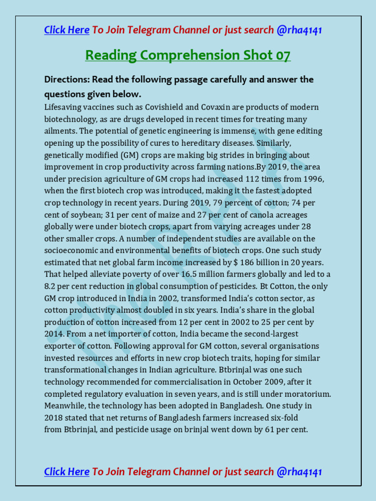 Reading Comprehension Shot 07 | PDF | Genetically Modified Crops ...