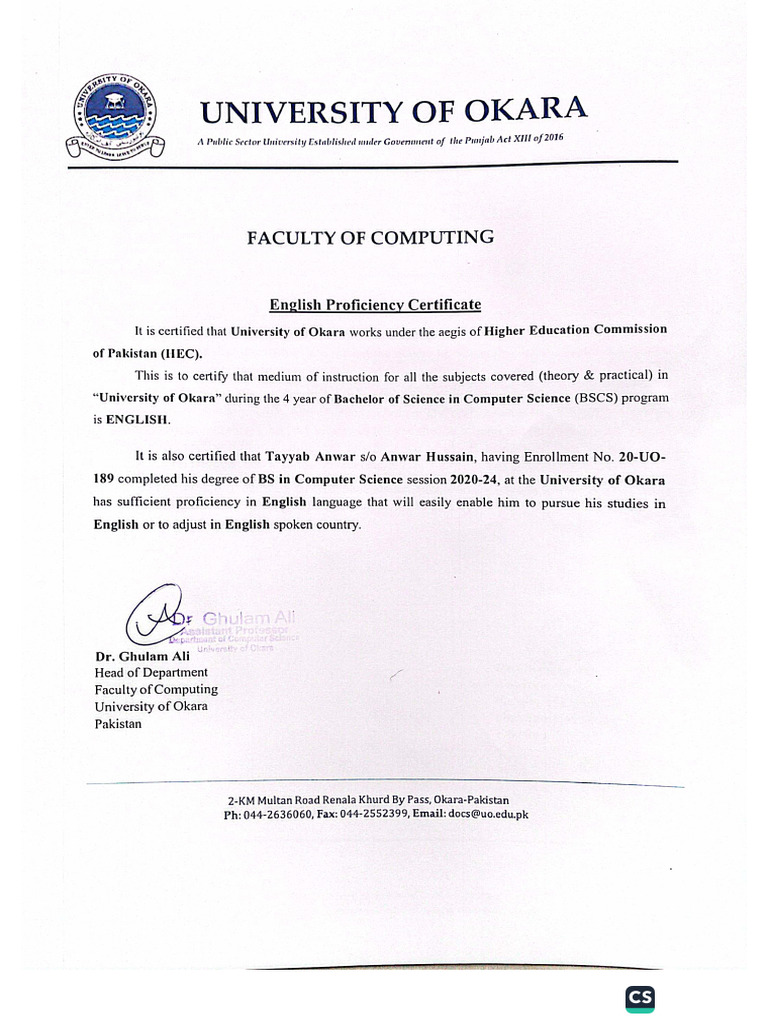 English Proficiency Certificate | PDF