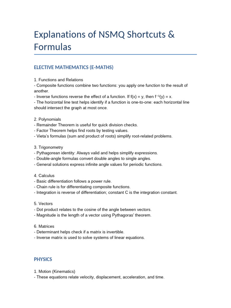 NSMQ Explanations Document | PDF | Force | Matrix (Mathematics)