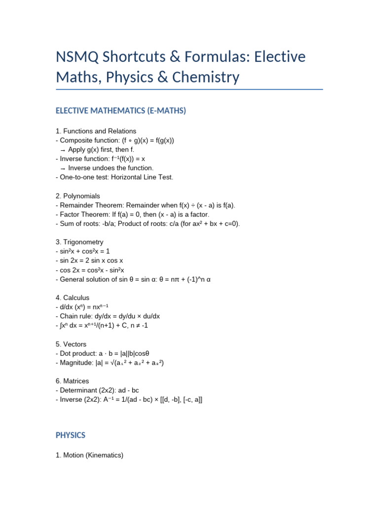NSMQ Compiled Formulas Document | PDF