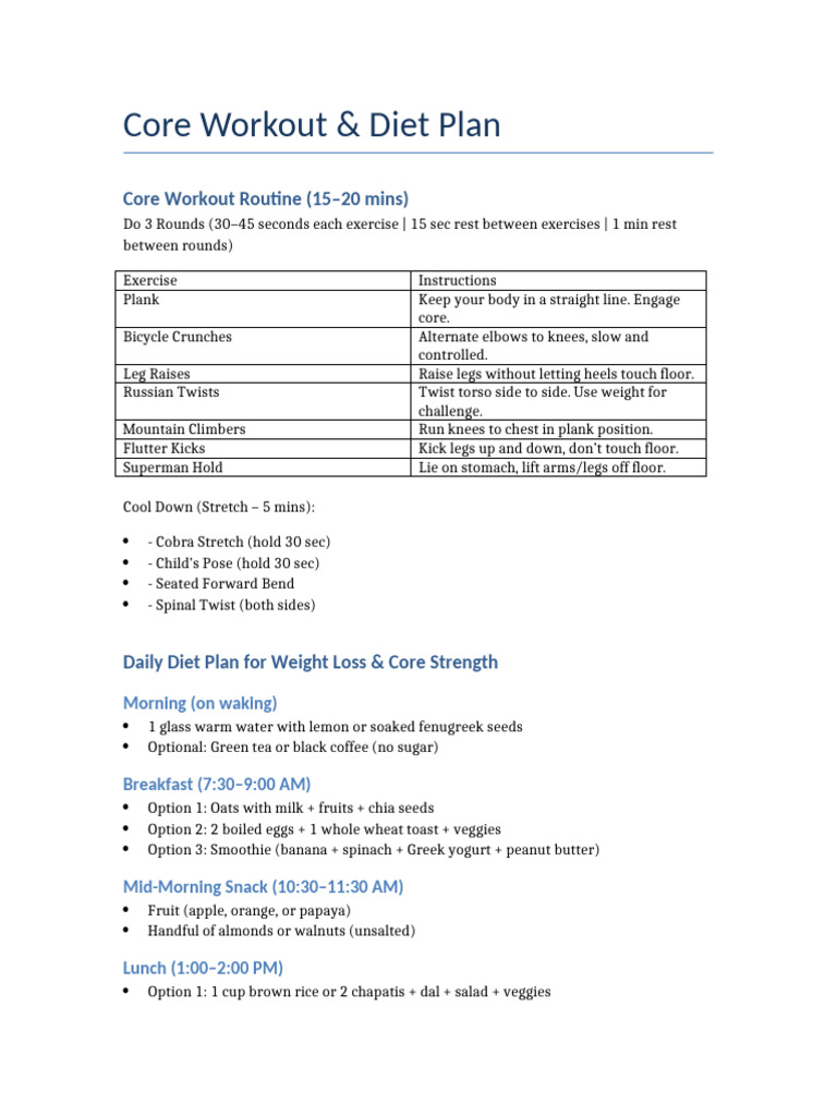 Core Workout and Diet Guide | PDF