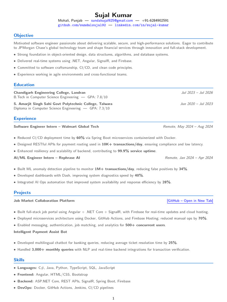 JpMorgan Resume Sujal Kumar | PDF | Cloud Computing | Object Oriented Programming