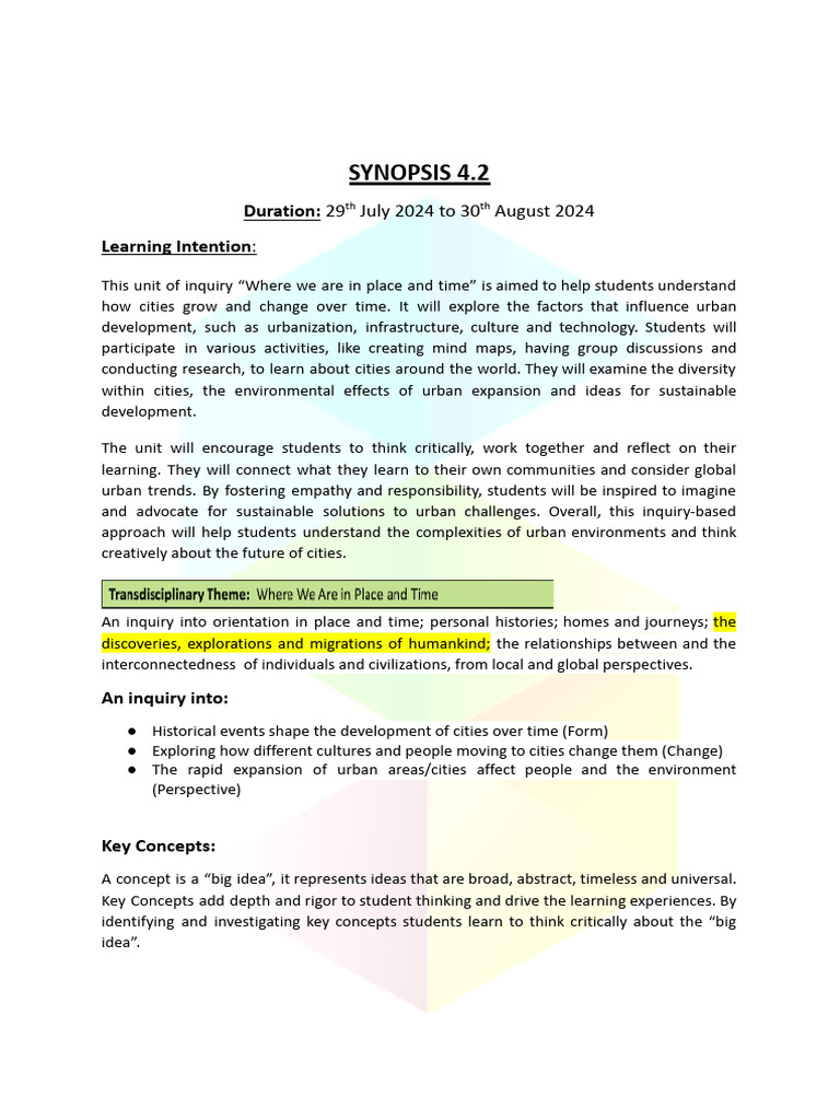SYNOPSIS 4.2 2024-25-PYP 4-Where We Are in Place and Time | PDF ...