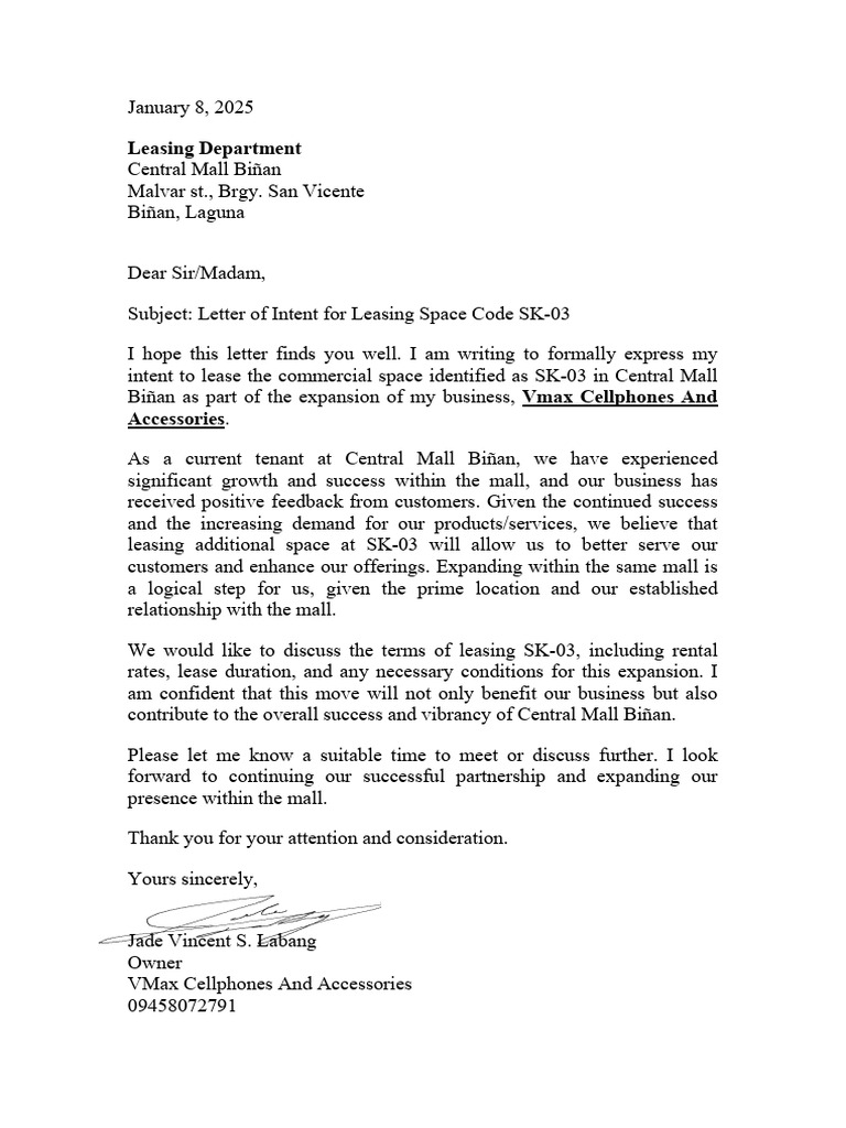 LetterOfIntent_Vmax-central-Biñan | PDF