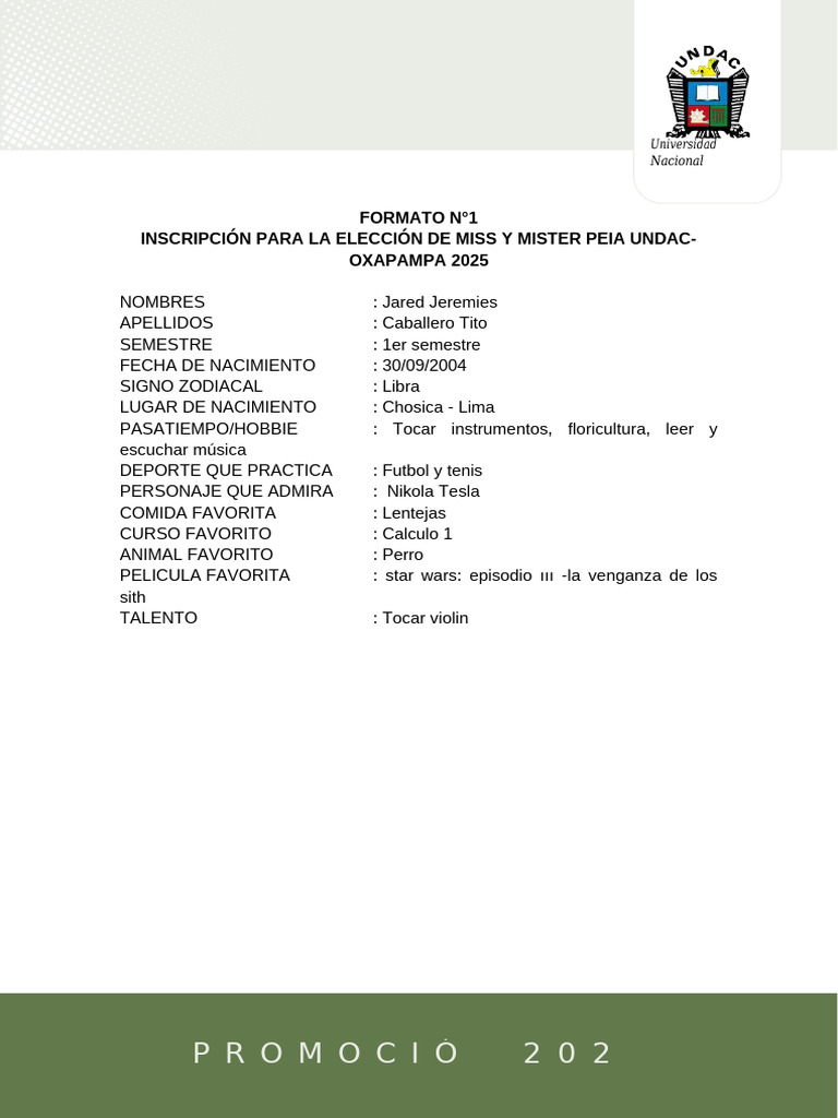 Ficha de Inscripción de Miss y Mister Peia 2025 | PDF