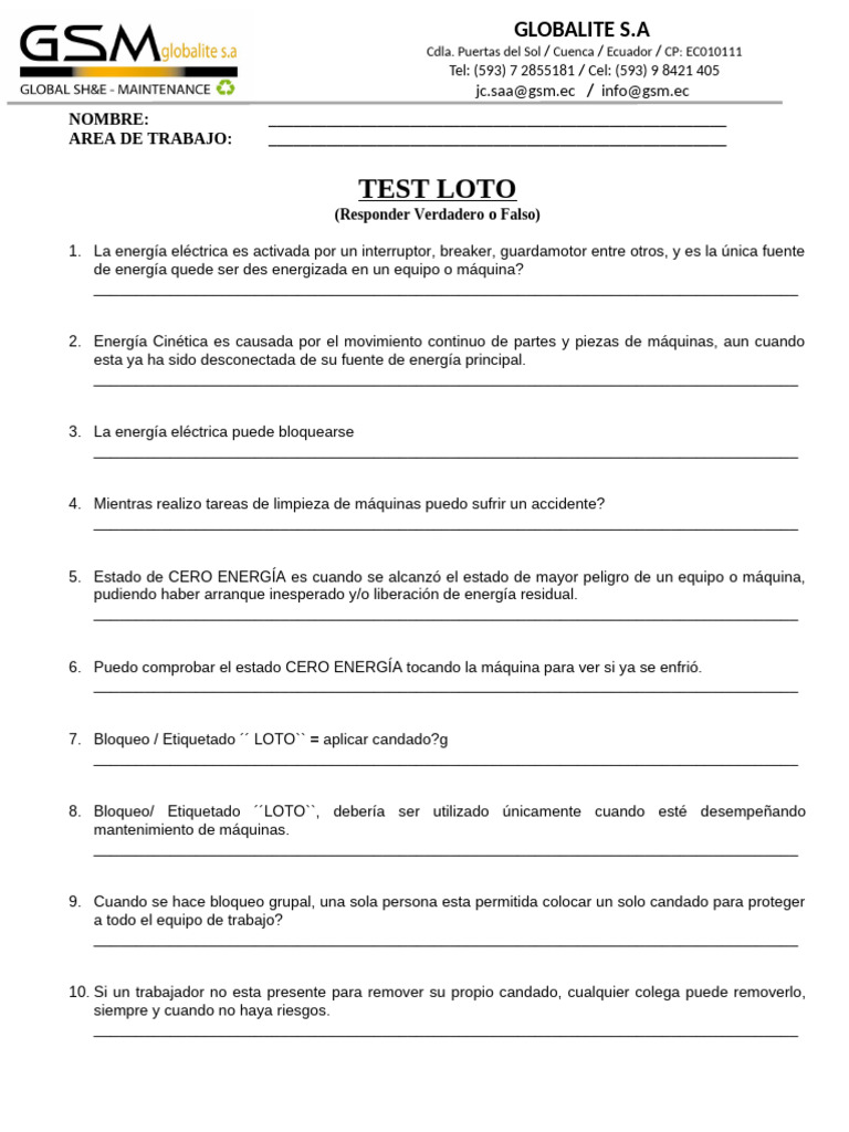 Test de Seguridad LOTO en Maquinaria | PDF