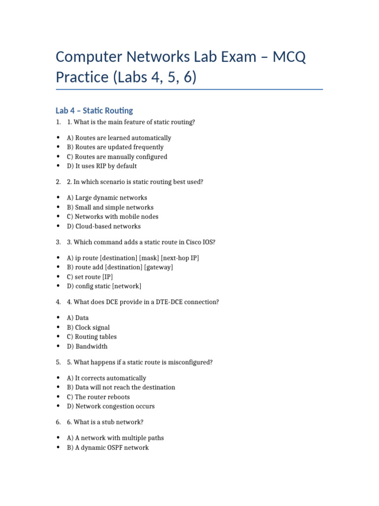 CCN Lab MCQs | PDF | Data Transmission | Networking Standards