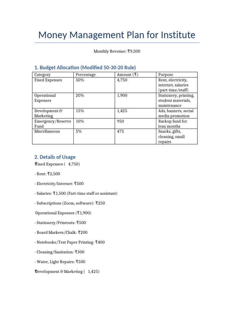 Money Management Plan Institute | PDF | Expense | Budget