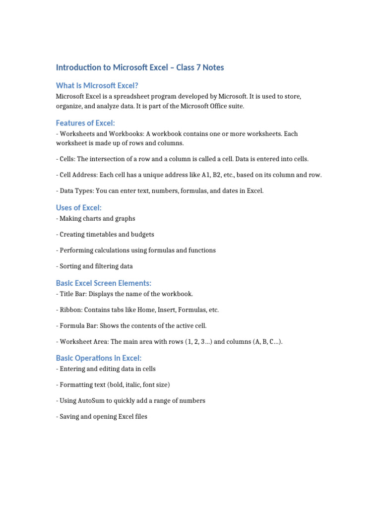 Introduction To Excel Class 7 | PDF