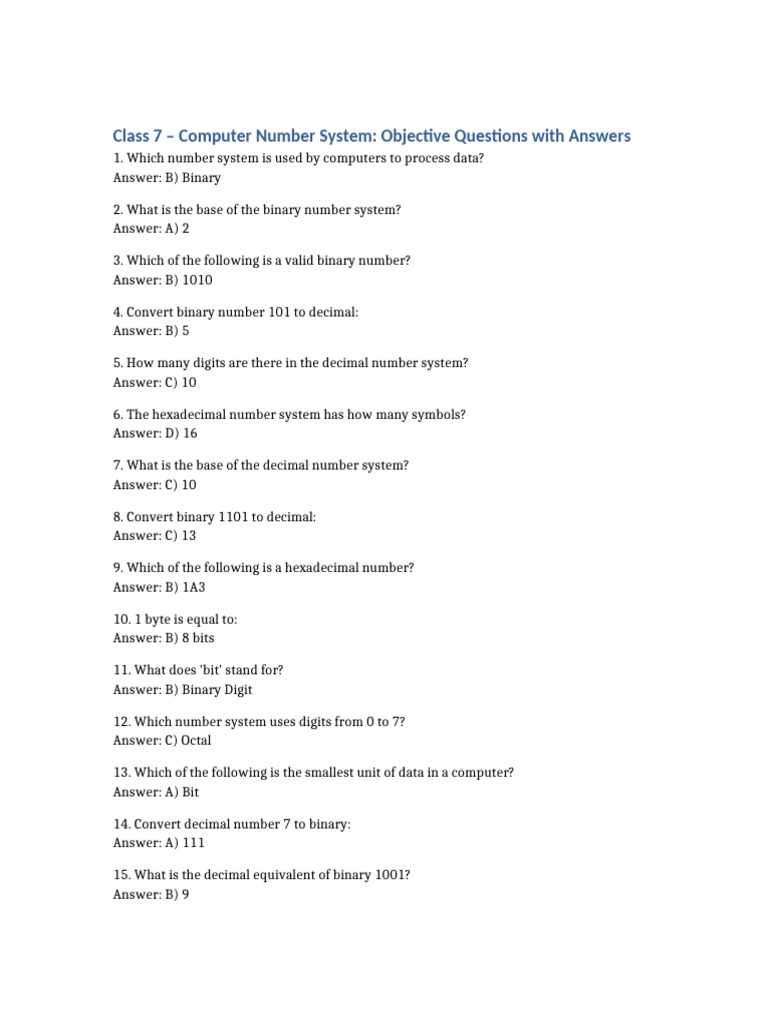Class 7 Computer Number System Quiz | PDF