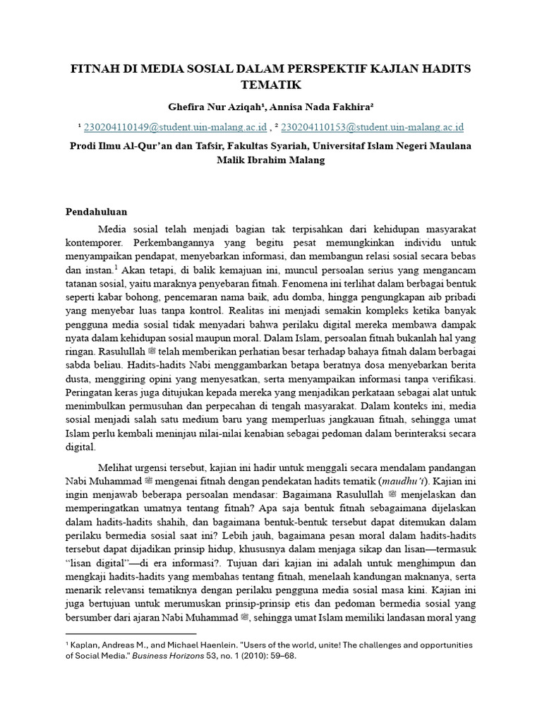 Fitnah Media Sosial: Perspektif Hadits | PDF