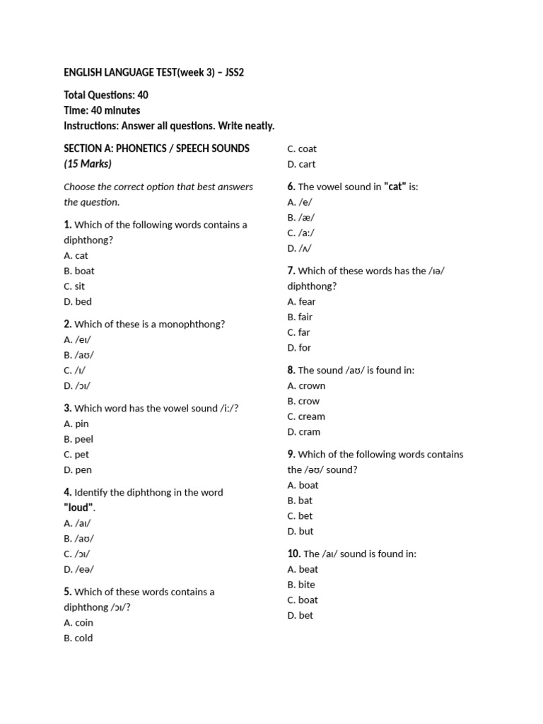 English Language Test Jss2 Week 4 | PDF | Linguistics | Linguistic ...