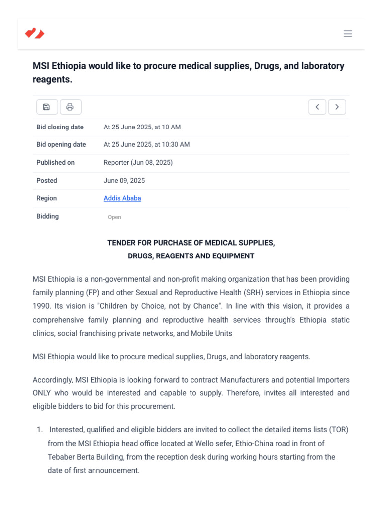 MSI Ethiopia Would Like To Procure Medical Supplies, Drugs, and ...
