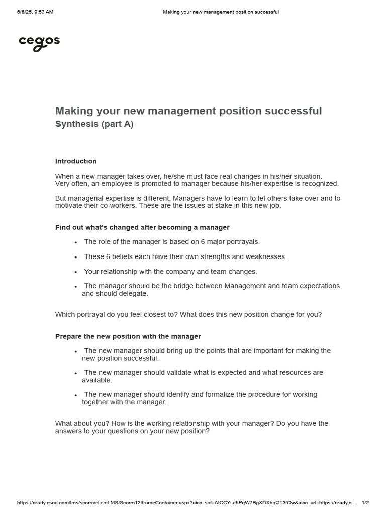 Making Your New Management Position Successful - Part A | PDF