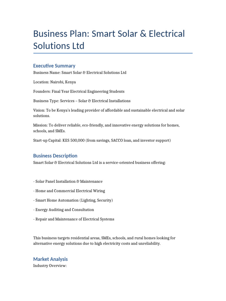 Smart Solar Electrical Business Plan | PDF | Solar Power | Economies