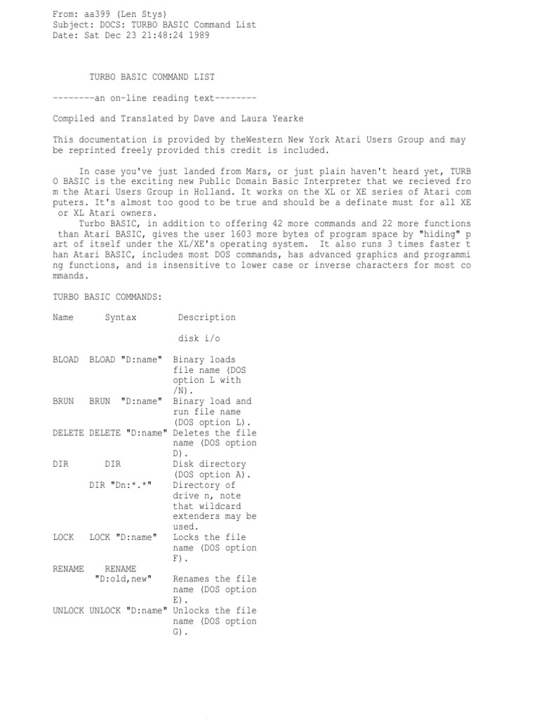 Turbo BASIC Command List Overview | PDF | Control Flow | Computer File