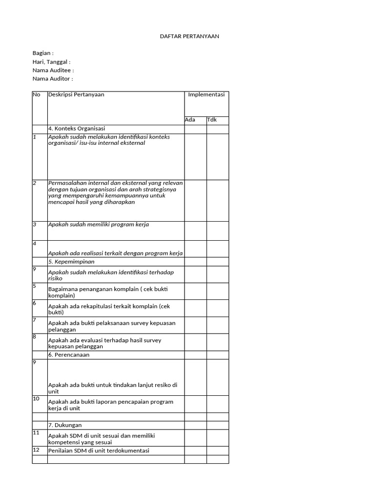 Ceklist Pertanyaan Audit Internal RSPD Ya | PDF