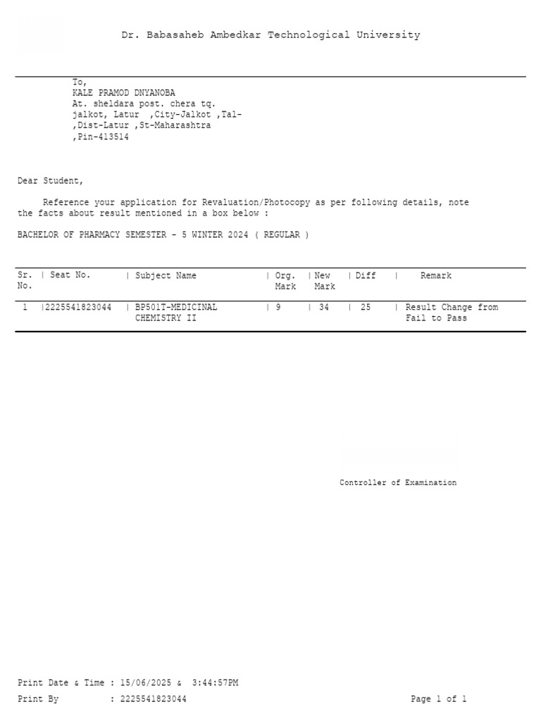 Reassessment Result Declare Student Remarks Letter | PDF