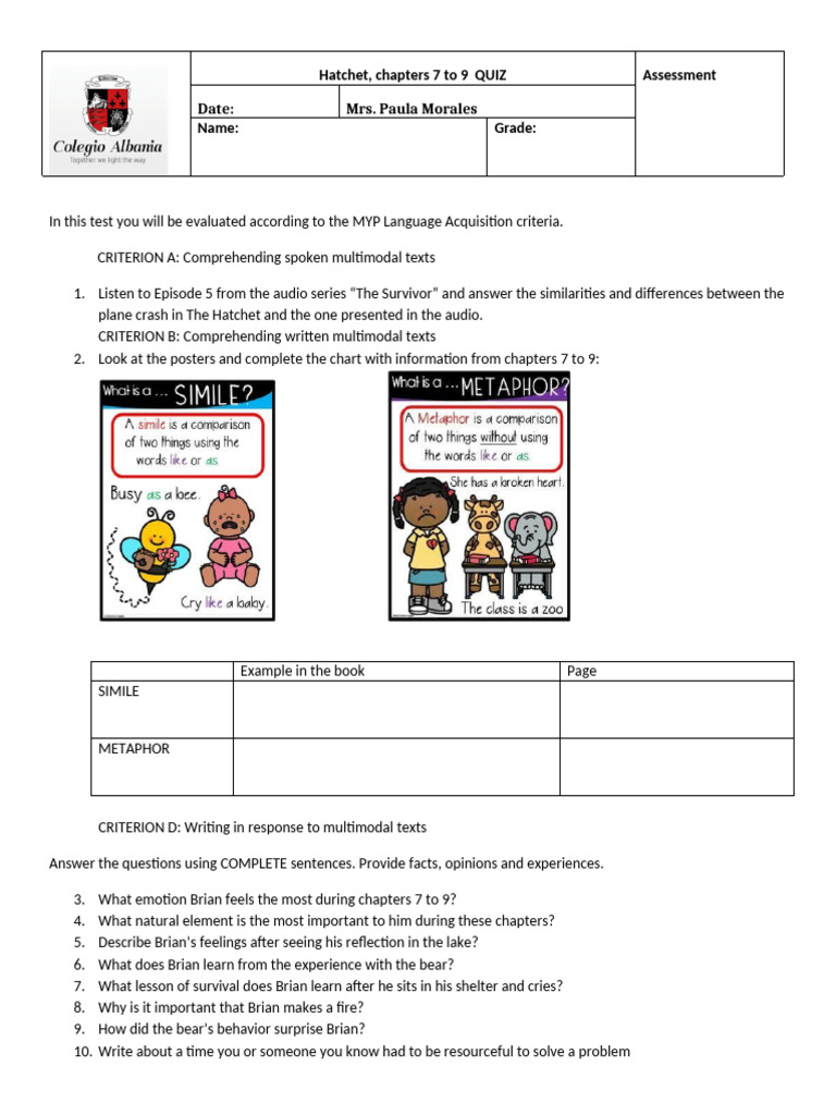 Hatchet 7 To 9 Quiz 2 | PDF