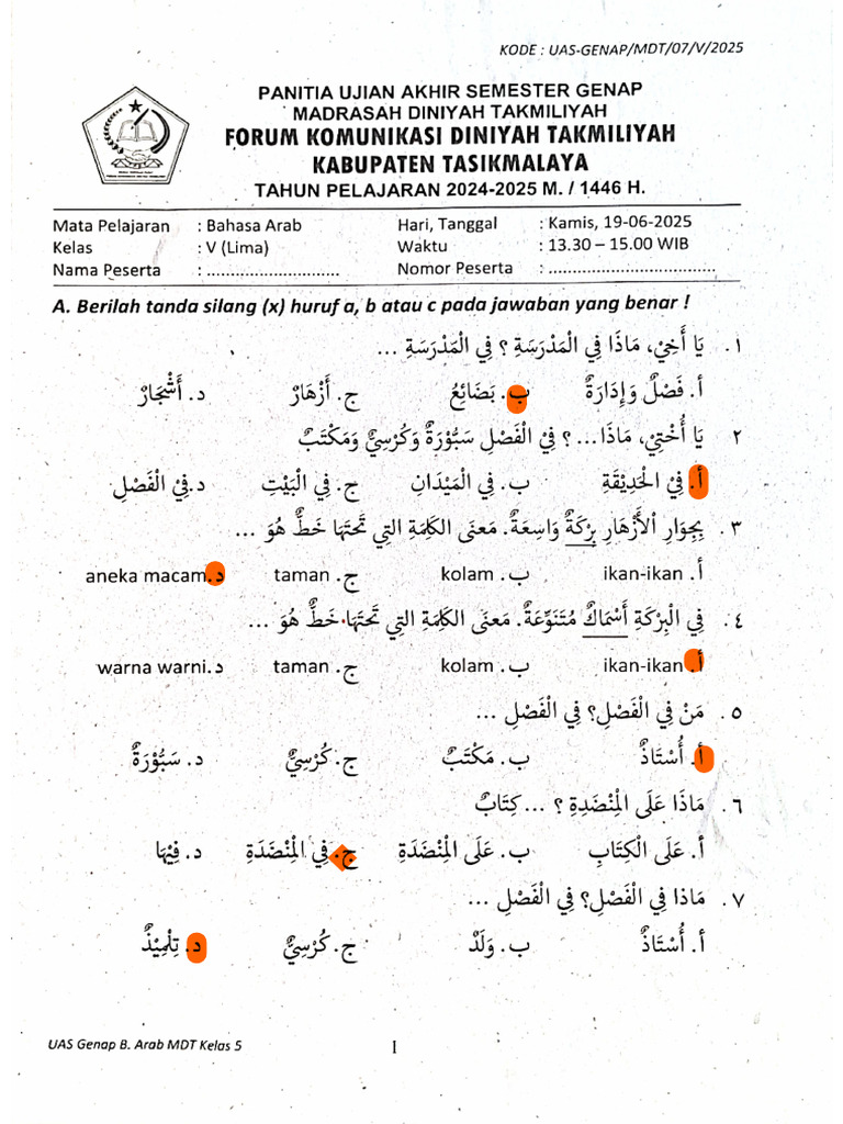 Soal Bahasa Arab Kelas 5 | PDF