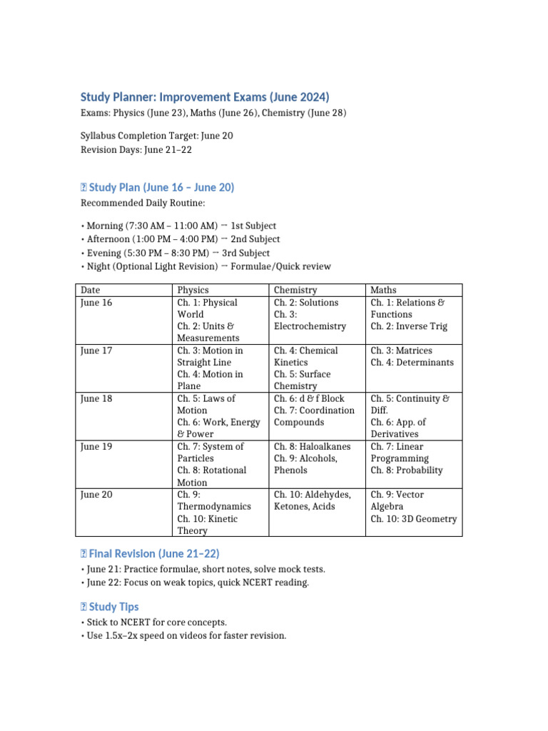 Maths Improvement Exam Study Plan 2024 | PDF
