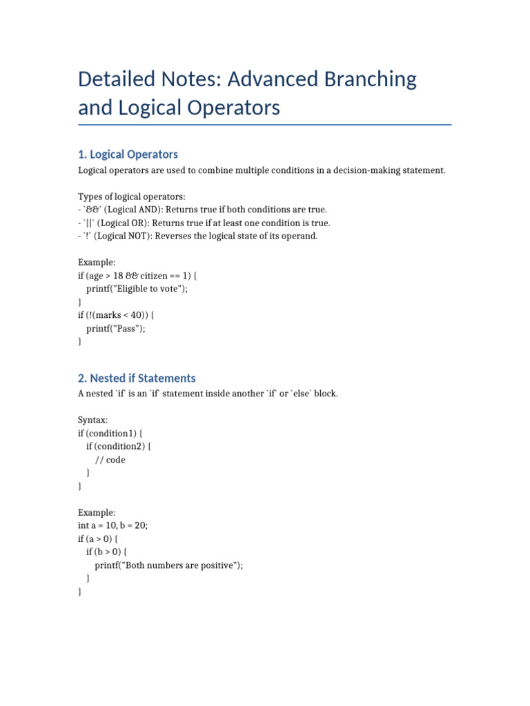 Advanced Branching and Logical Operators Detailed Notes | PDF