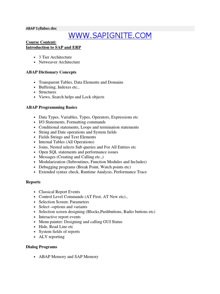 Course Content: Introduction To SAP and ERP: ABAP Syllabus | PDF | Software Engineering ...