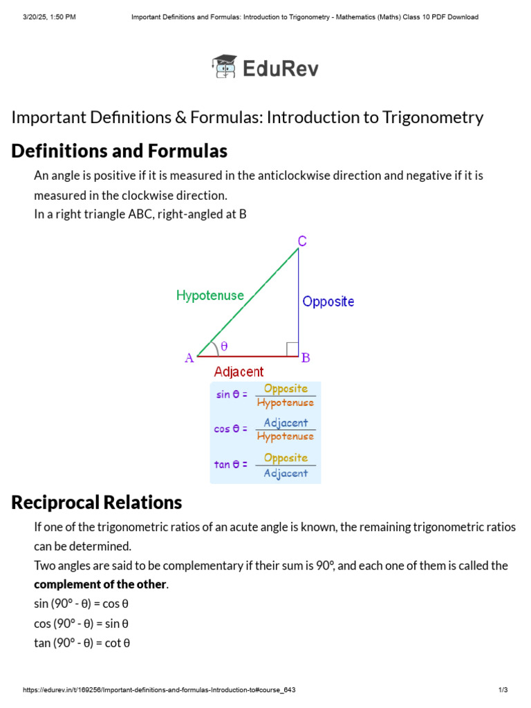 Important Definitions and Formulas - Introduction To Trigonometry ...