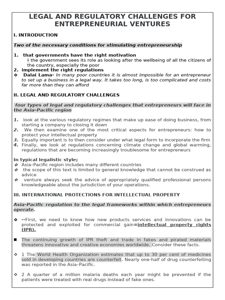 Legal and Regulatory Challenges For Entrepreneuria | PDF | Patent ...
