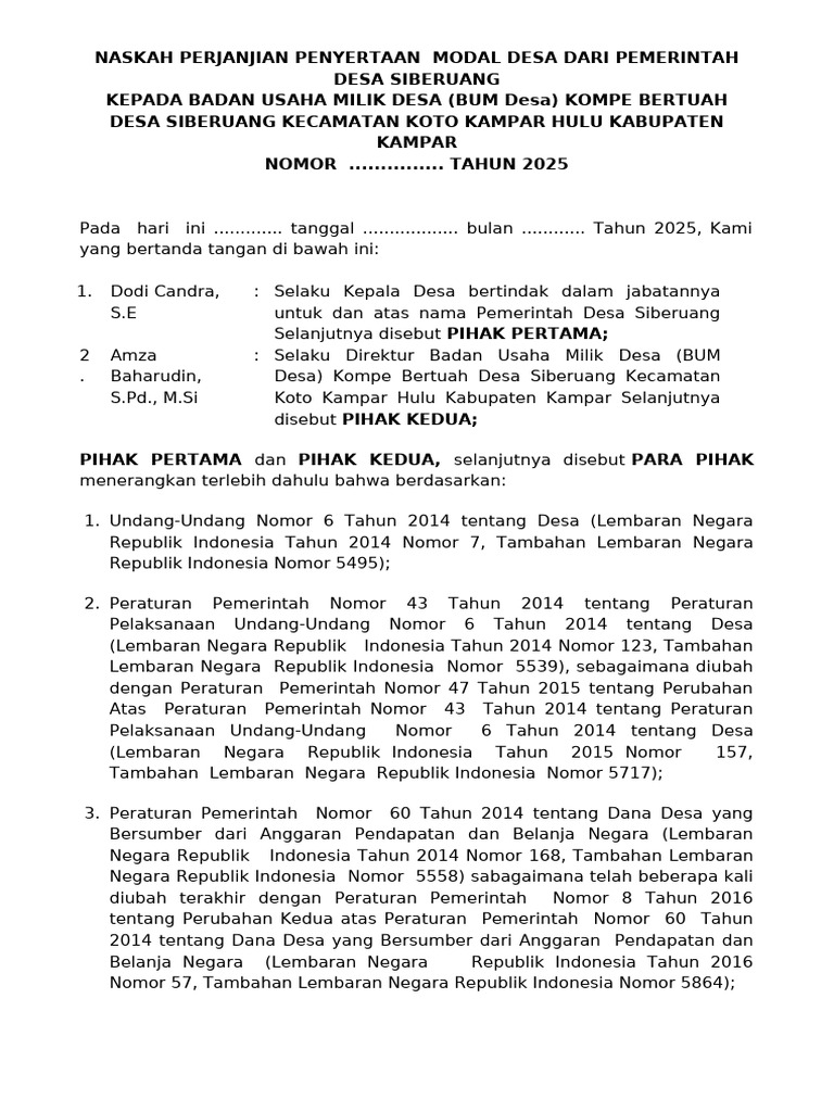 Naskah Perjanjian Penyertaan Modal Dari Desa Ke BUM Desa | PDF
