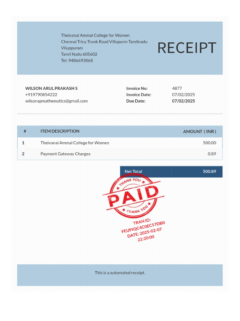 Theivanai Ammal Conference Payment Receipt | PDF