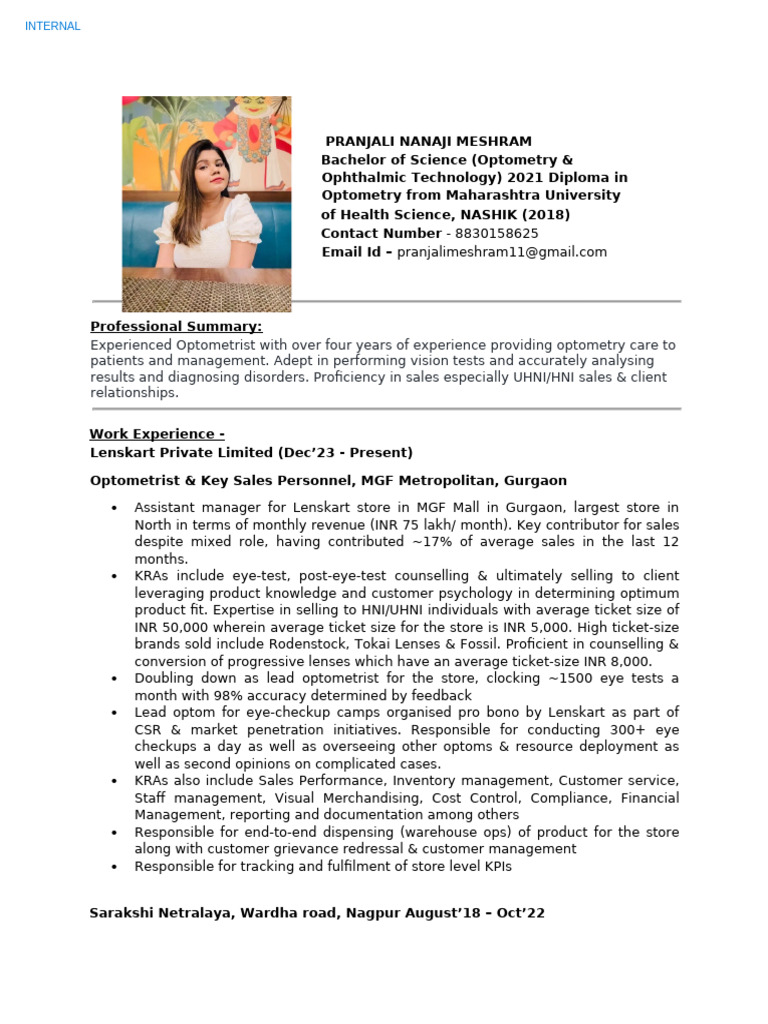 CV-Pranjali-Khandelwal (2) CS-new | PDF | Optometry | Vision