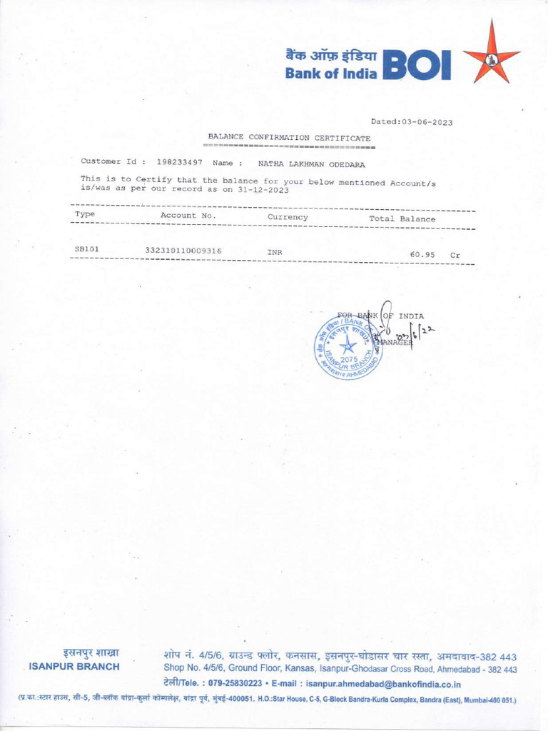 Sample Bank Balance Certificate 2025 | PDF