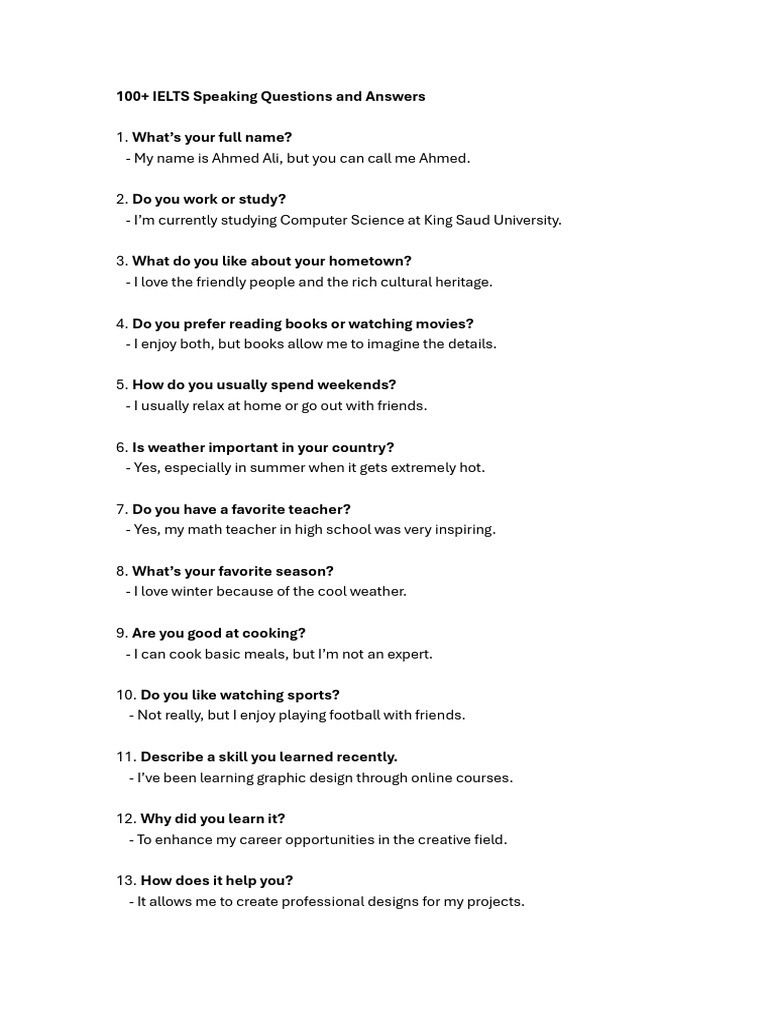 100+ IELTS Speaking Questions and Answers | PDF