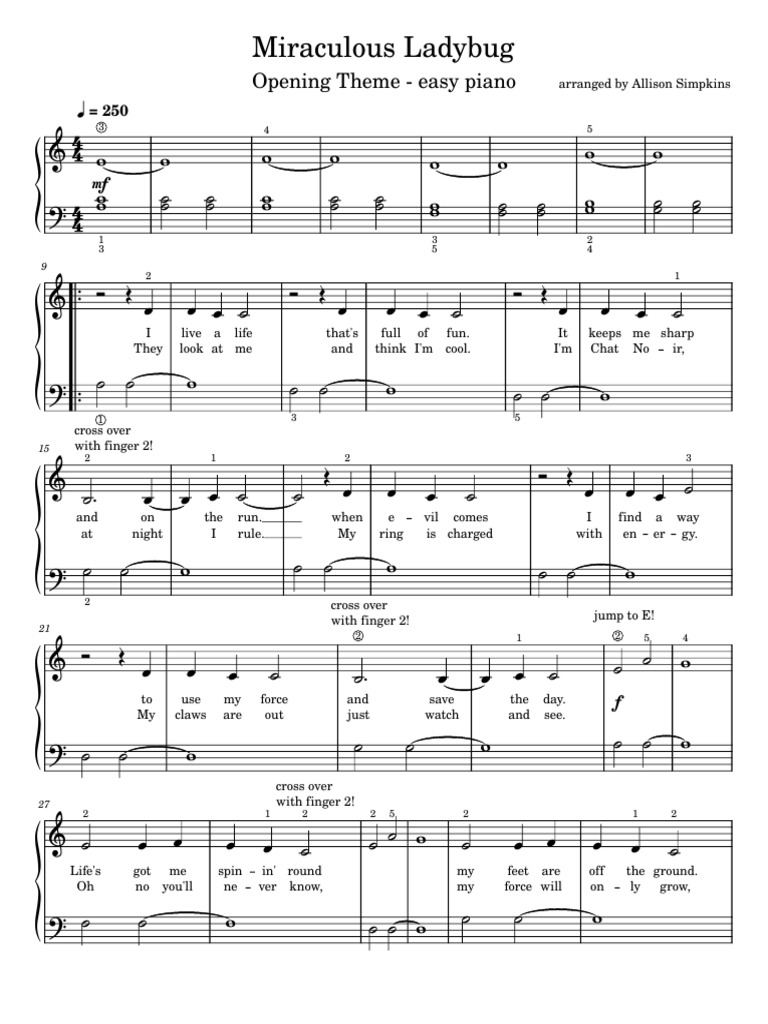 Easy Piano Arrangement: Miraculous Ladybug | PDF