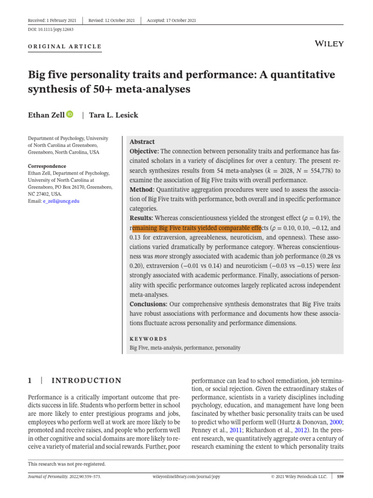 Zell - Lesick - 2022 - Big Five Personality Traits and Performance ...