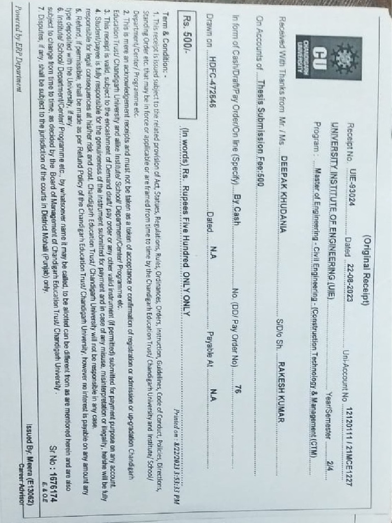 21MCE1227 - Fee Receipt | PDF