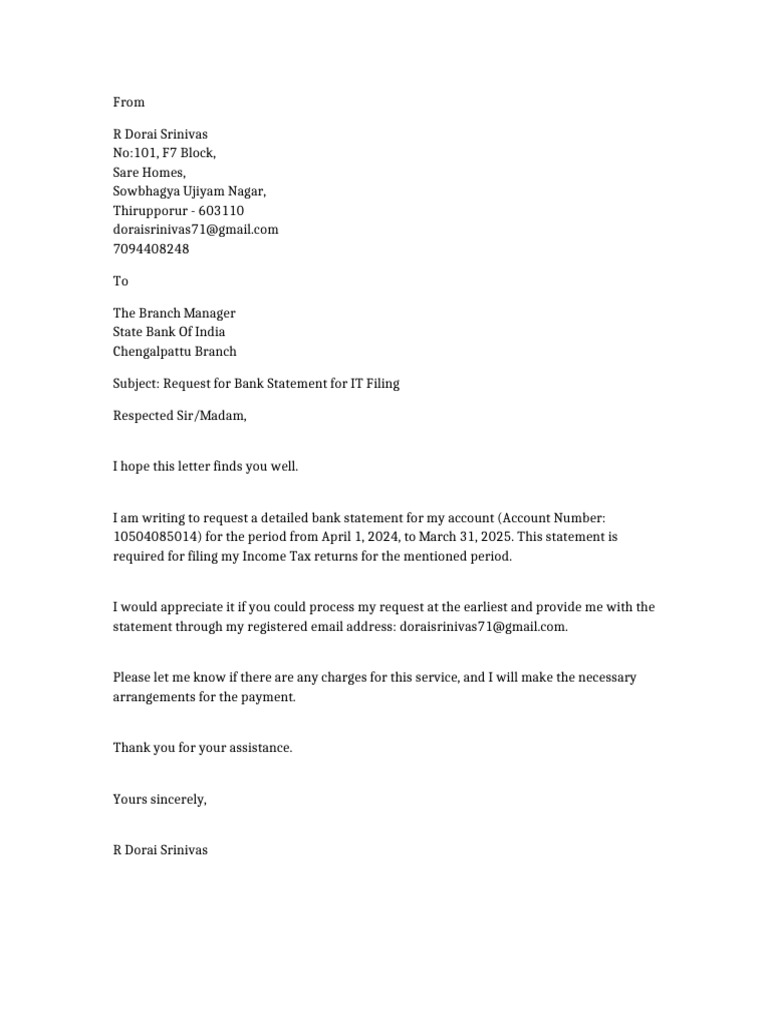 Bank Statement Request for IT Filing | PDF
