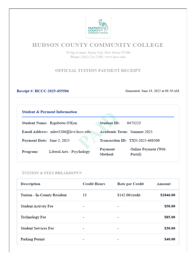 Tuition Payment Receipt - Hudson County Community College | PDF ...