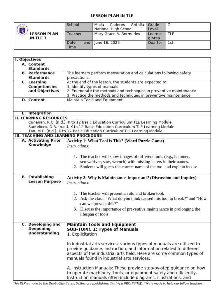 TLE 7 Lesson Plan: Tool Maintenance | PDF