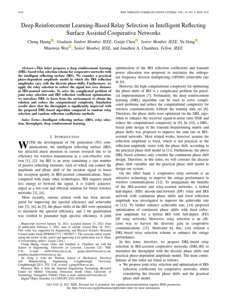 Deep Reinforcement Learning-Based Relay Selection in Intelligent Reflecting Surface Assisted ...