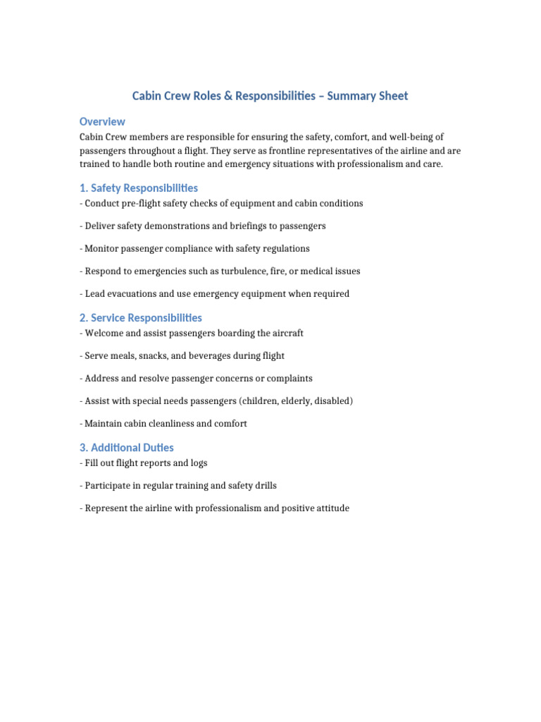 Cabin Crew Roles Responsibilities Summary | PDF