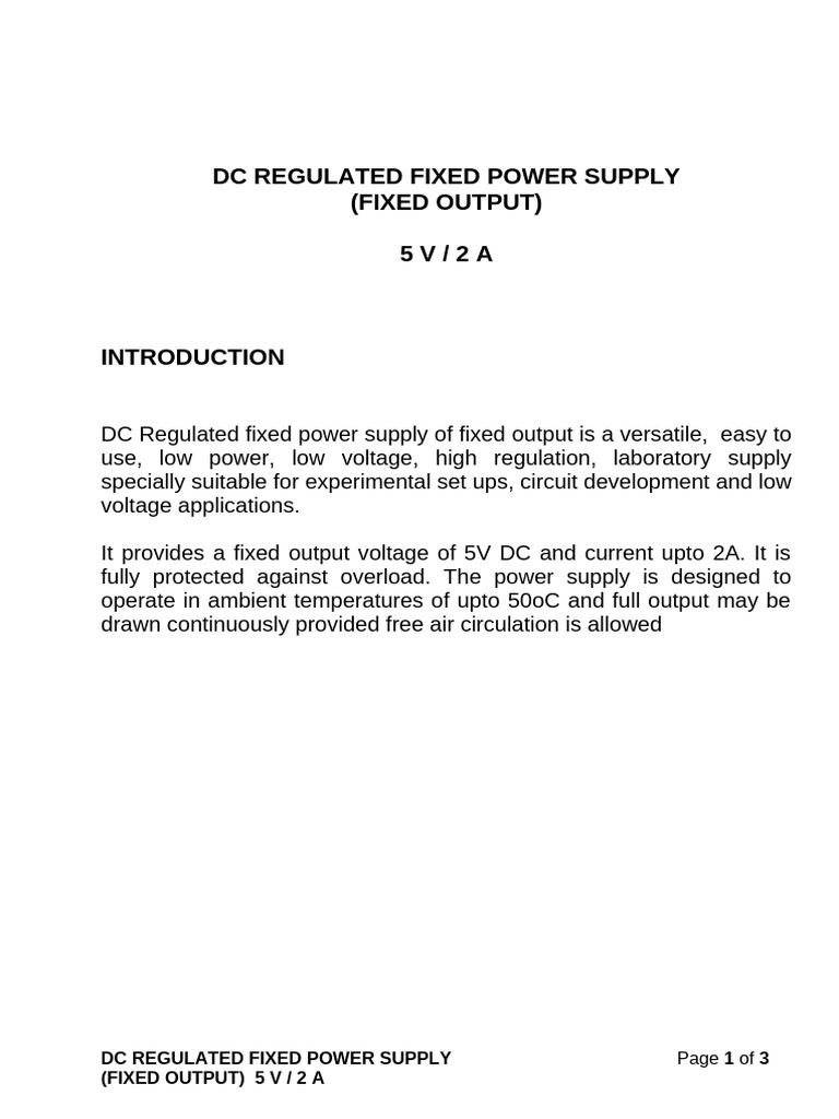 DC REGULATED FIXED POWER SUPPLY (FIXED OUTPUT) 5 V 2 A (A5 Size) | PDF ...