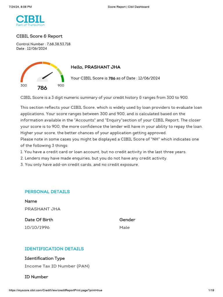 CIBIL Score Report: 786 Overview | PDF | Credit | Finance & Money ...