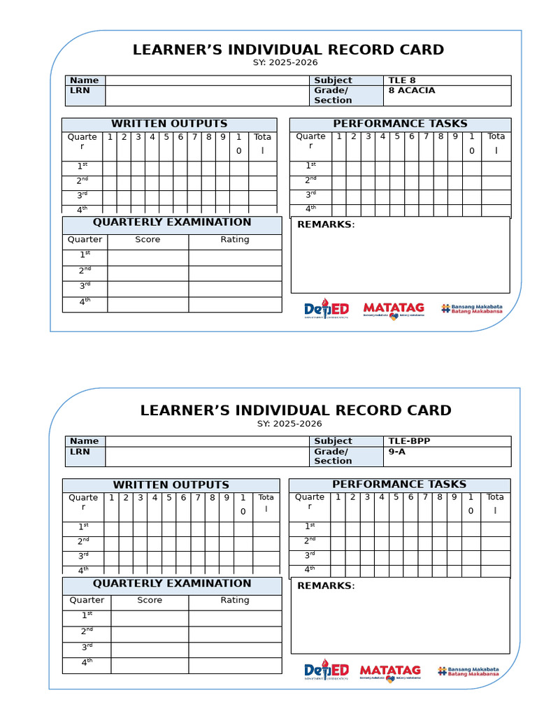 Learner's Record Card 2025-2026 | PDF