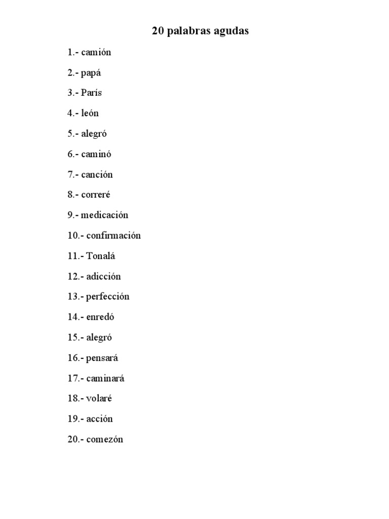 20 Ejemplos de Palabras Agudas | PDF | Poesía